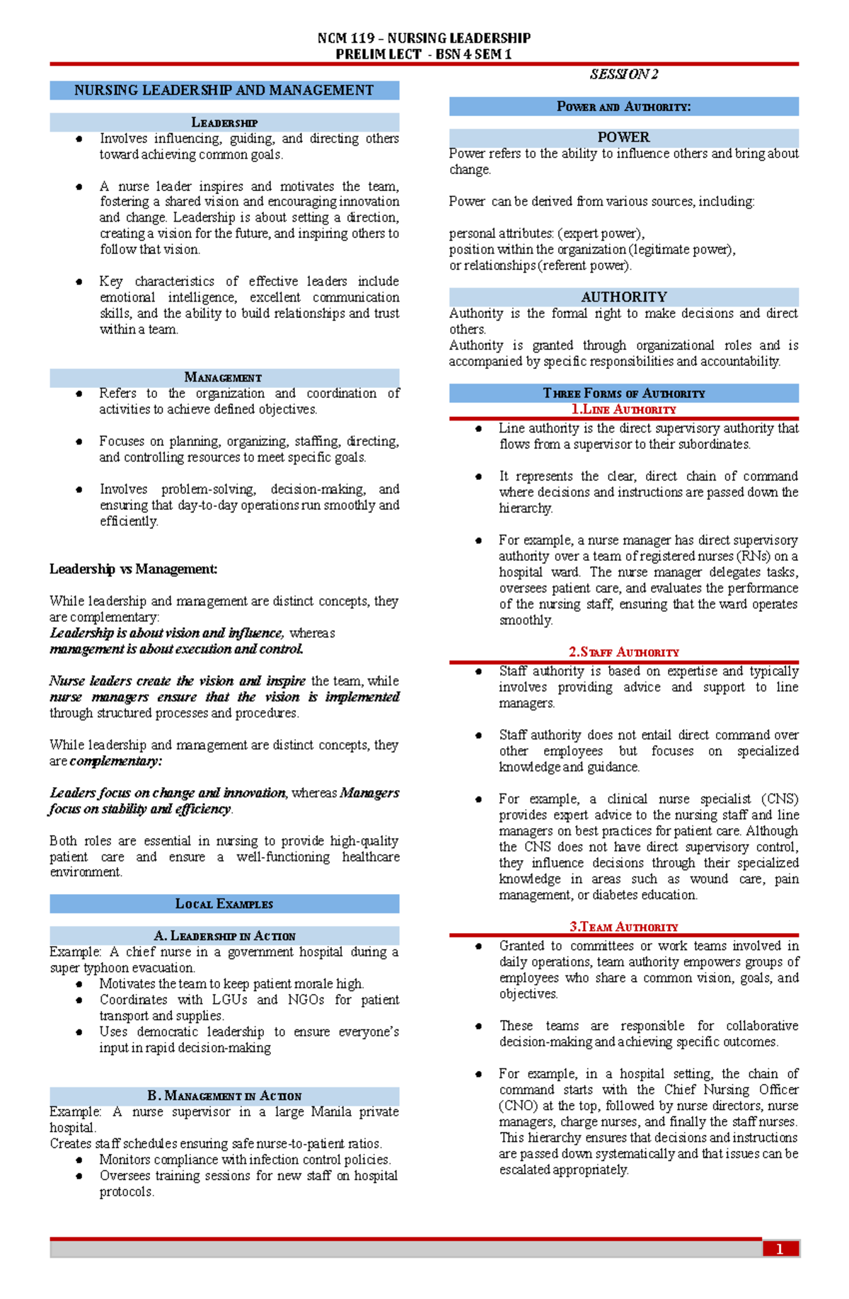 NCM 119 Nursing Leadership Prelim Lecture: Power, Authority, and ...