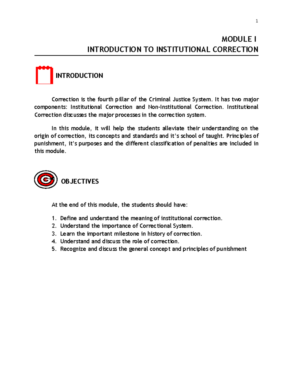 Module 1 - Introduction to institutional correction - MODULE I ...