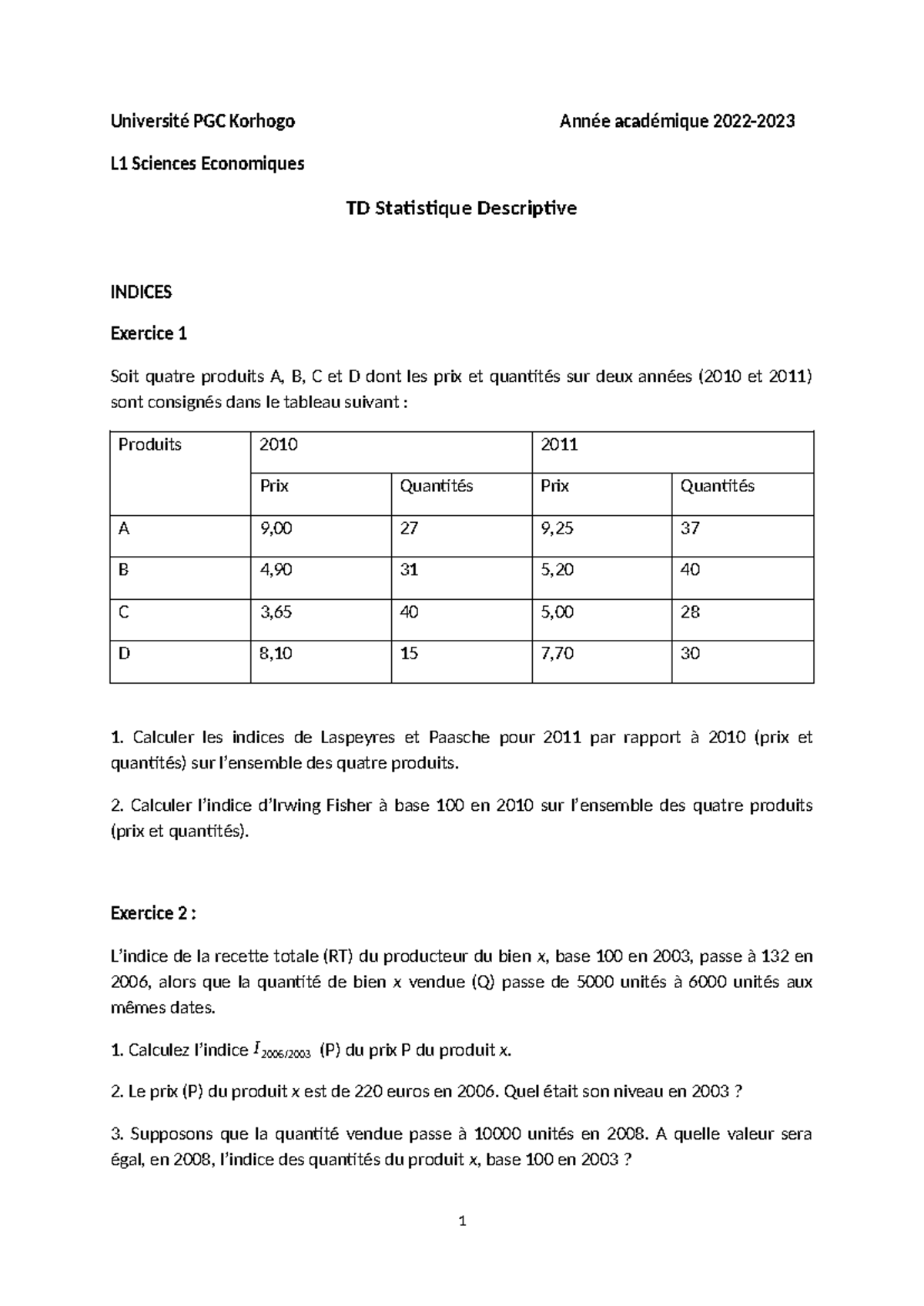 TD Statistiques Descriptives L1 SEG 2022-2023 - Exercice et Indices - Studocu