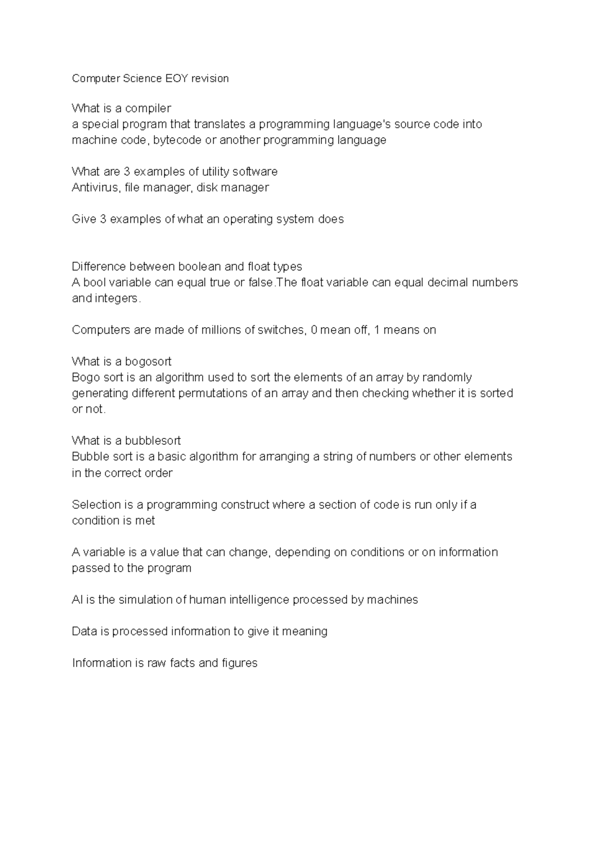 CS EOY Revision: Compilers, OS Functions, and Sorting Algorithms - Studocu