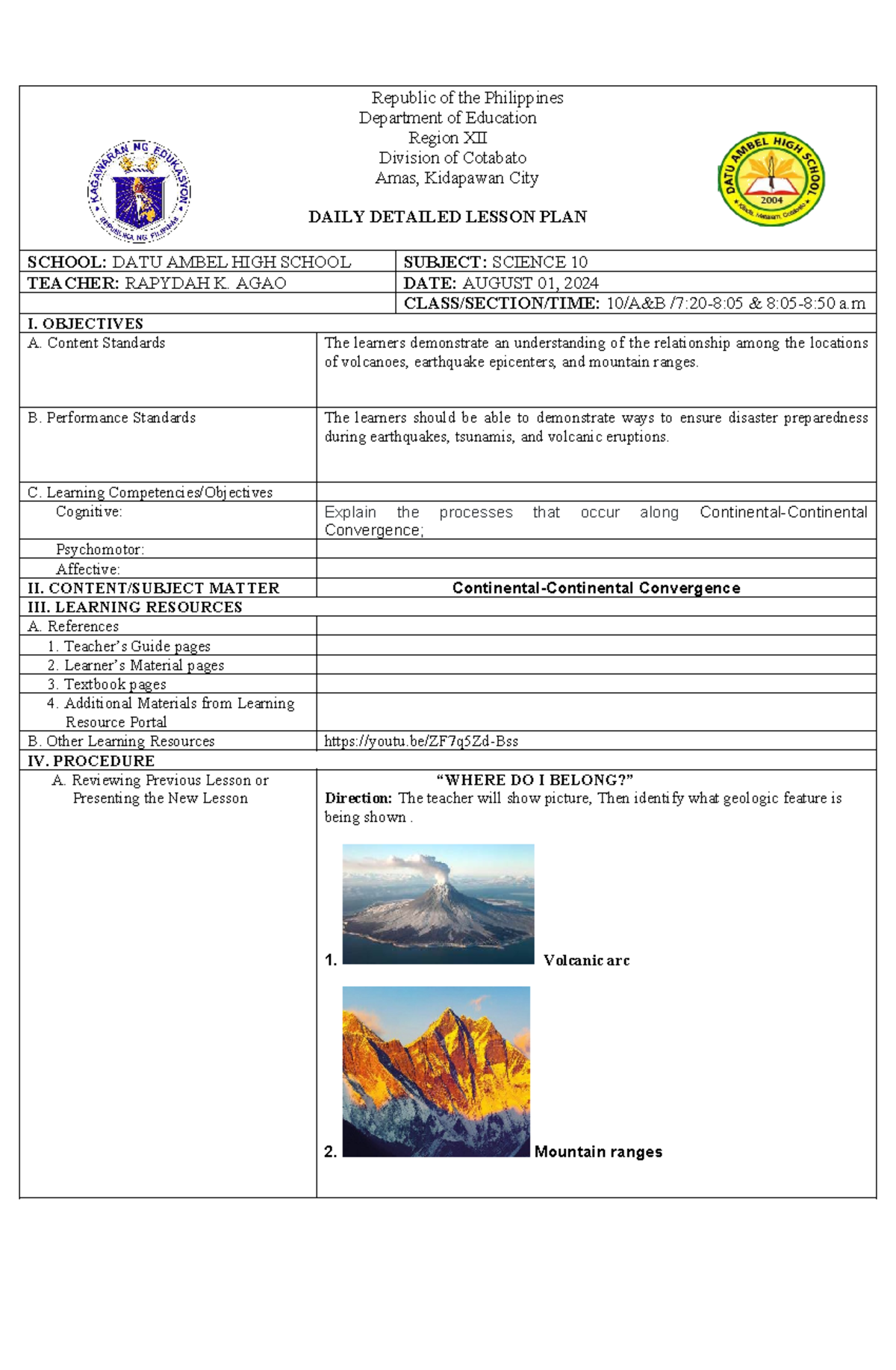 SCI 10 Daily Detailed Lesson Plan: Converging Plates (Aug 1, 2024 ...