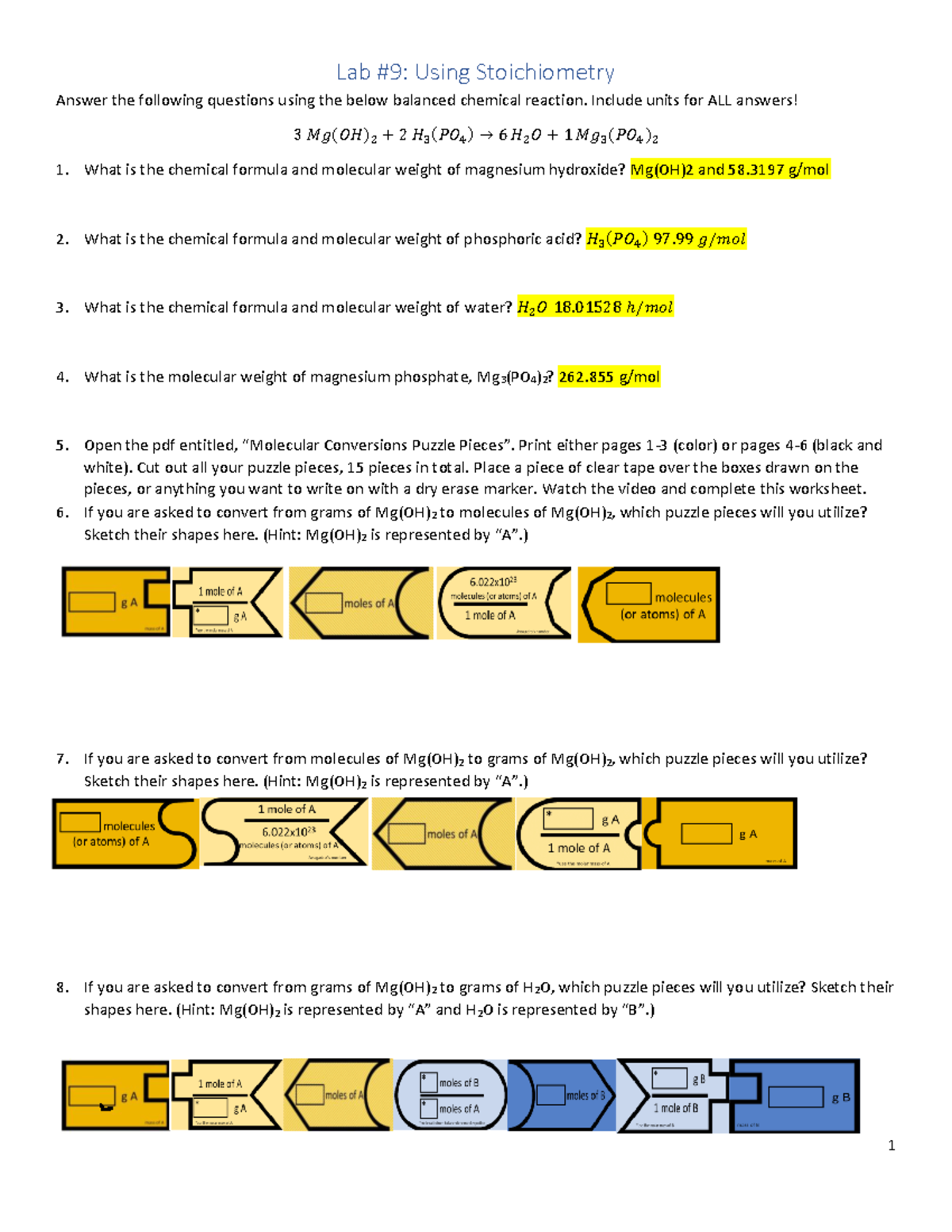 Lab 9: Stoichiometry and Puzzle Pieces Worksheet - REID - Studocu