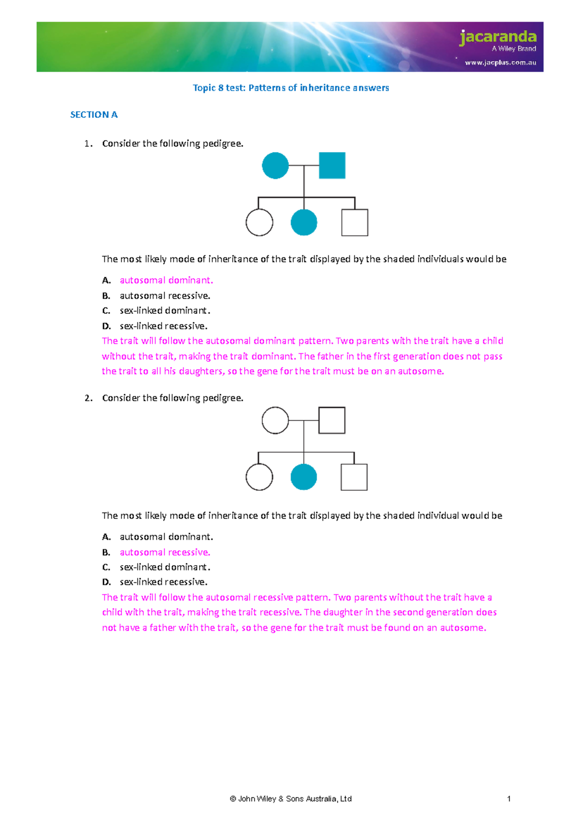 Topic test 8 ans - practice - Topic 8 test: Patterns of inheritance ...