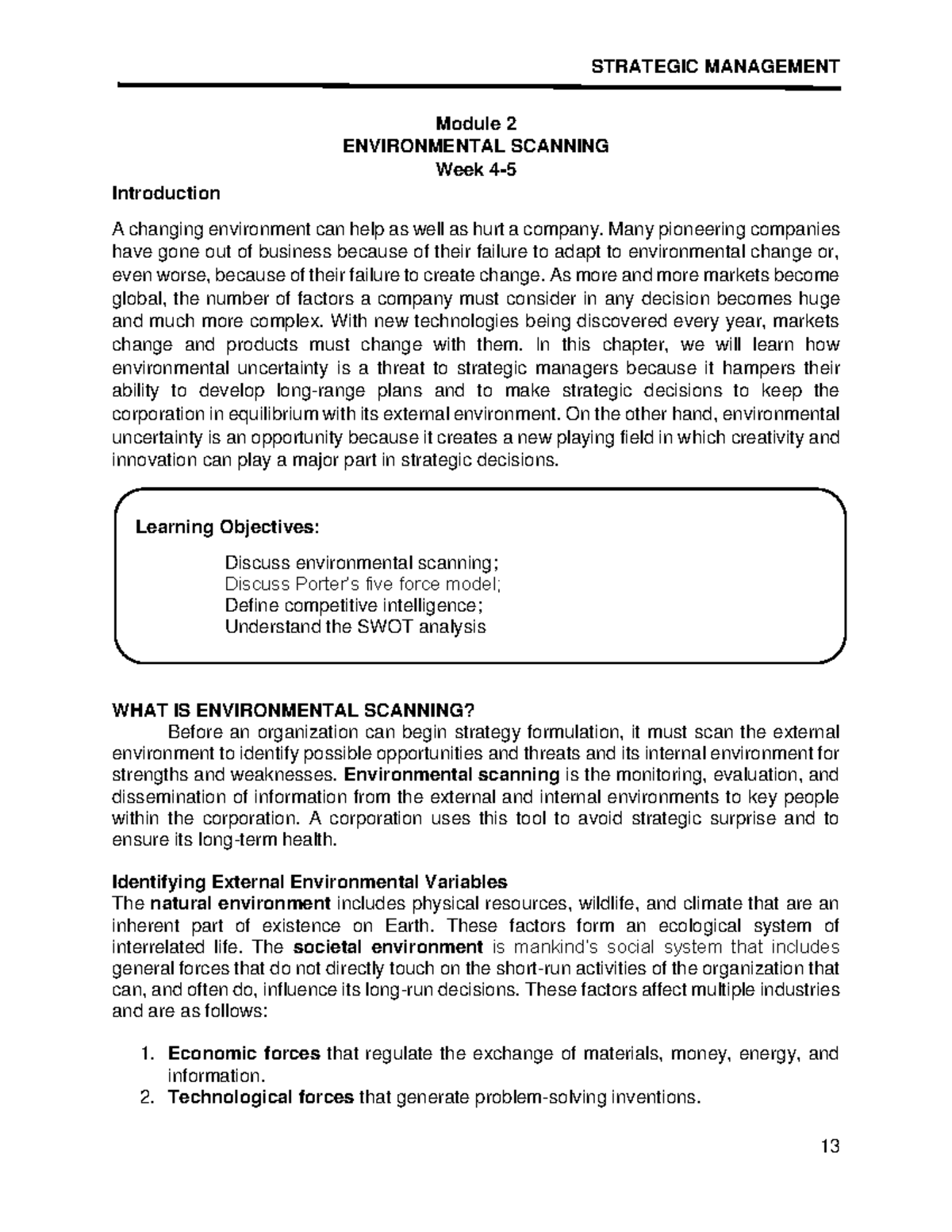 STRATEGIC MANAGEMENT M2: ENVIRONMENTAL SCANNING & SWOT Analysis - Studocu