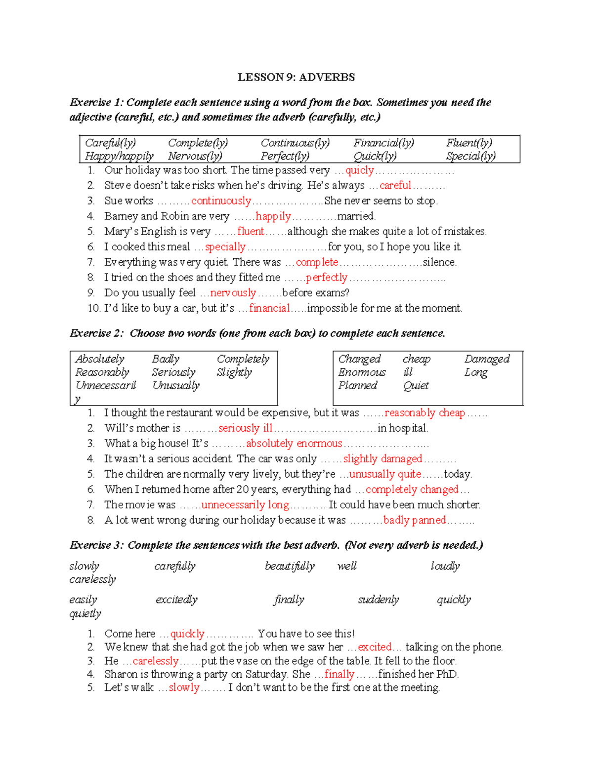 Unit 9: Adverbs Lesson Exercises and Practice - Studocu