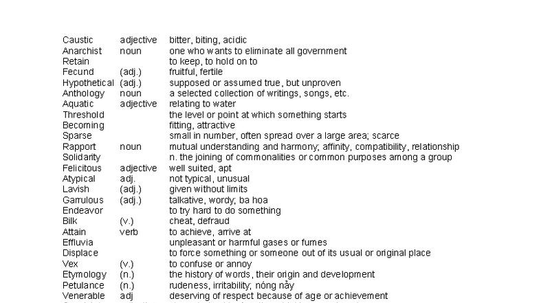 Vocab 1: Comprehensive List of Advanced Adjectives and Nouns - Studocu