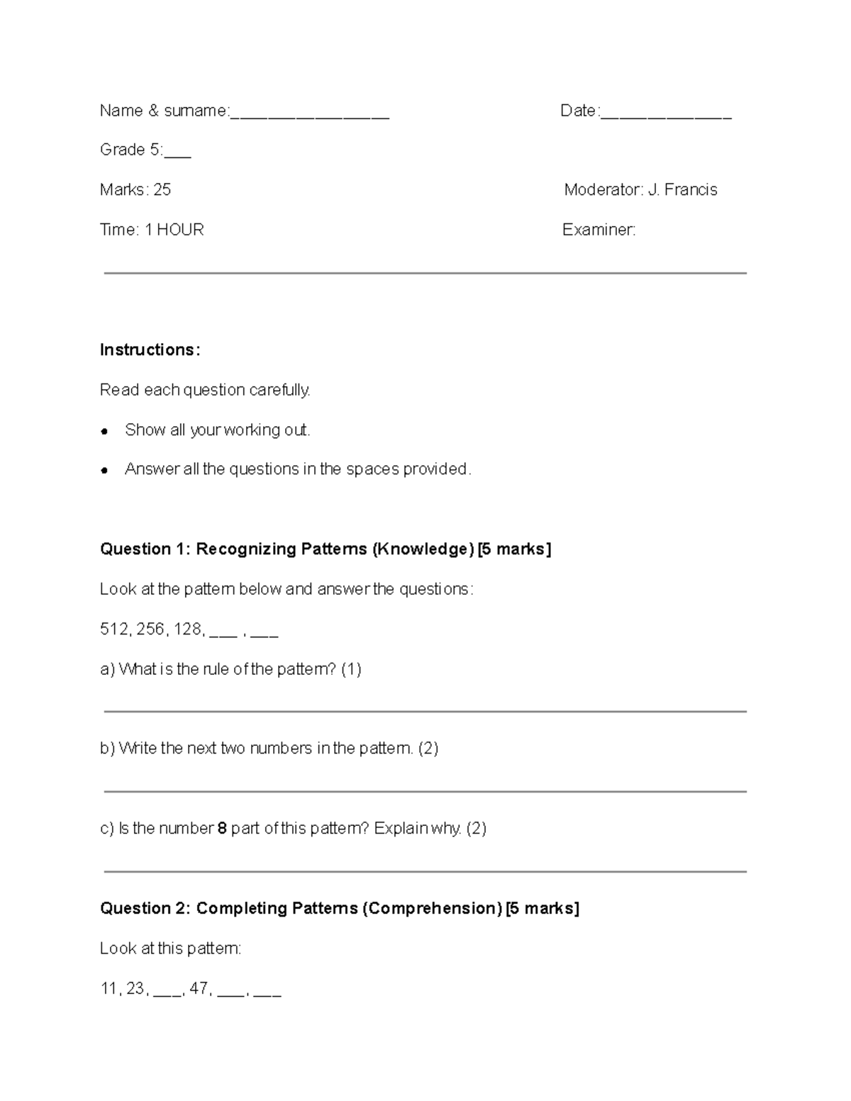 Grade 5 Patterns Investigation 2025: Recognizing & Creating Patterns ...