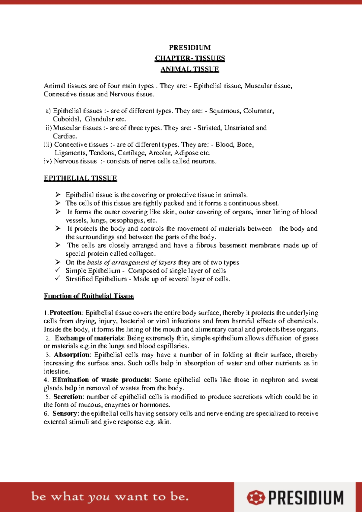 Animal Tissue Study Notes: Types and Functions of Tissues - Studocu