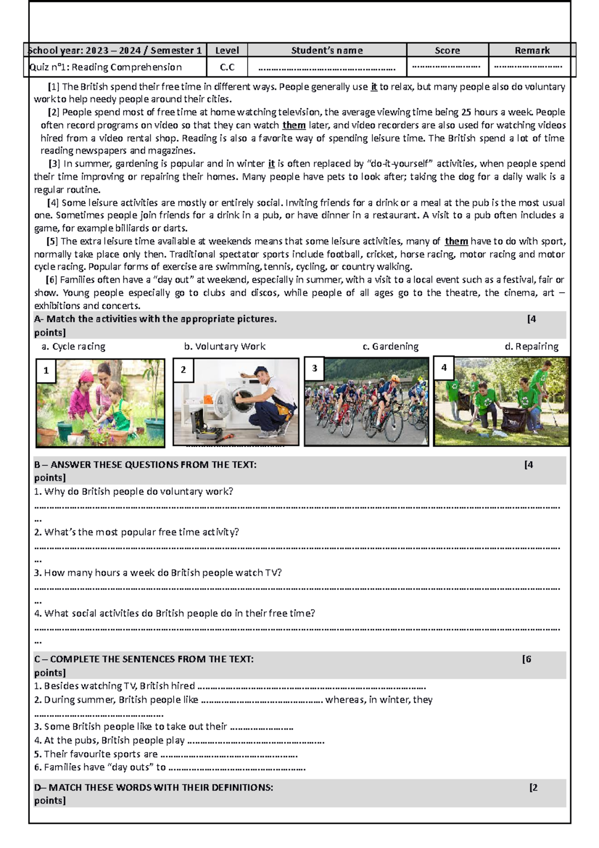 Quiz 1 - Reading Comprehension on Leisure Activities - Studocu