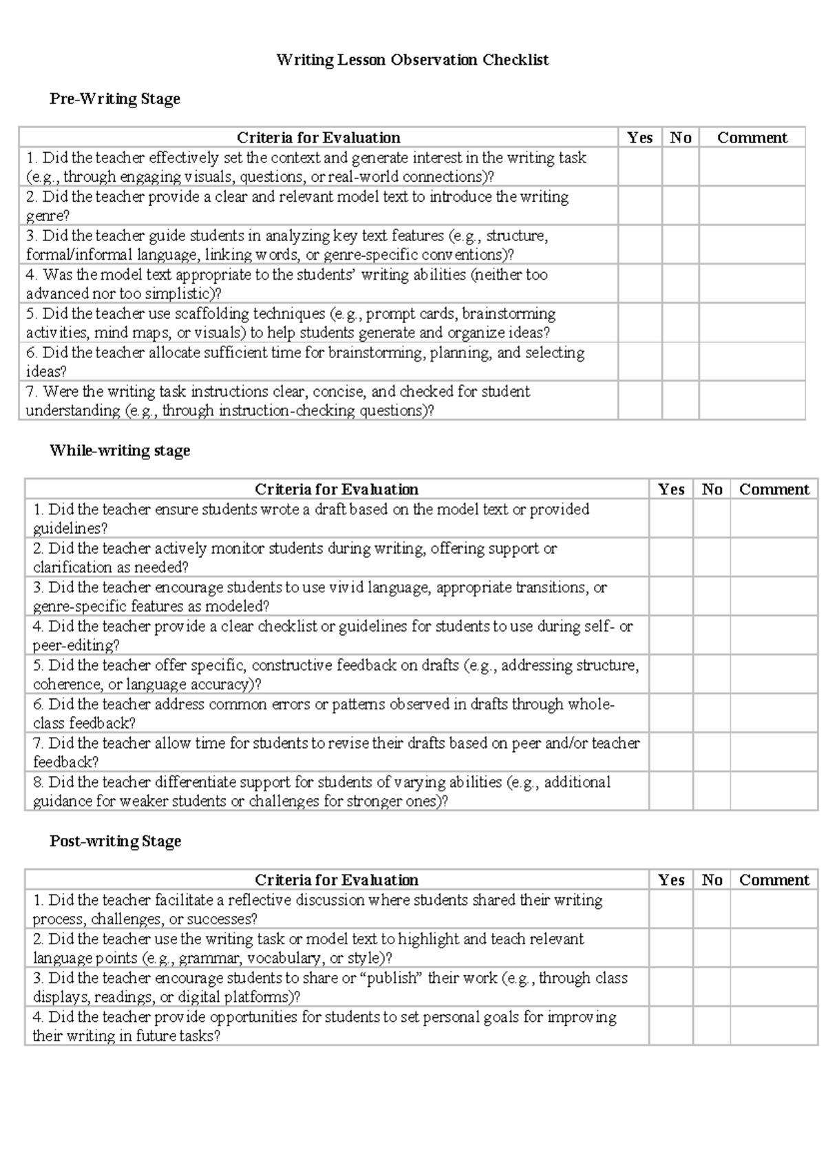 Writing Lesson Observation Checklist: Evaluation Criteria for Teachers ...