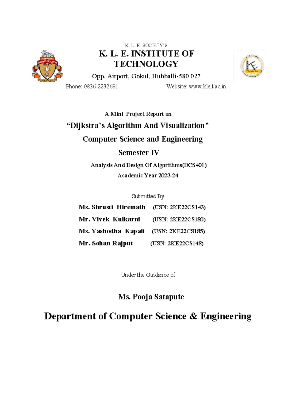 Mini Project Report on Algorithm Analysis (BCS401) - Semester IV - Studocu