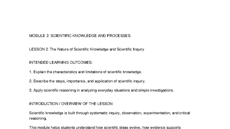 Module 2 STS: Nature of Scientific Knowledge & Inquiry Lesson - Studocu
