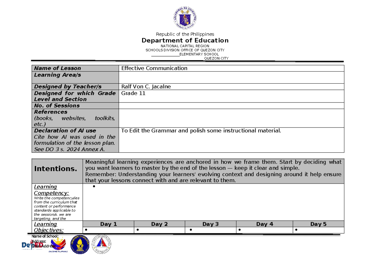 DLL - Effective Communication Lesson Plan for Grade 11 - Studocu