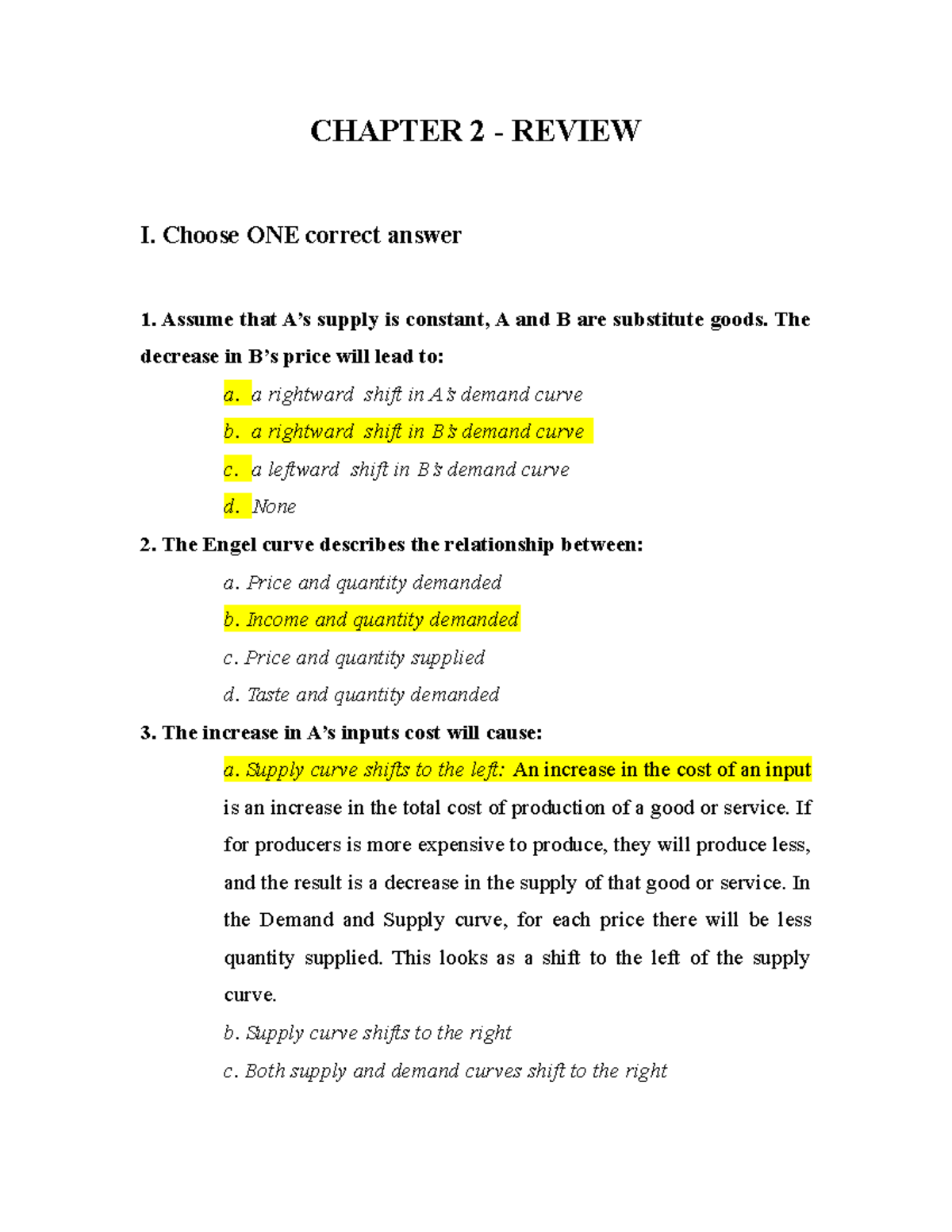 Chapter 2 - review - babha - CHAPTER 2 - REVIEW I. Choose ONE correct ...