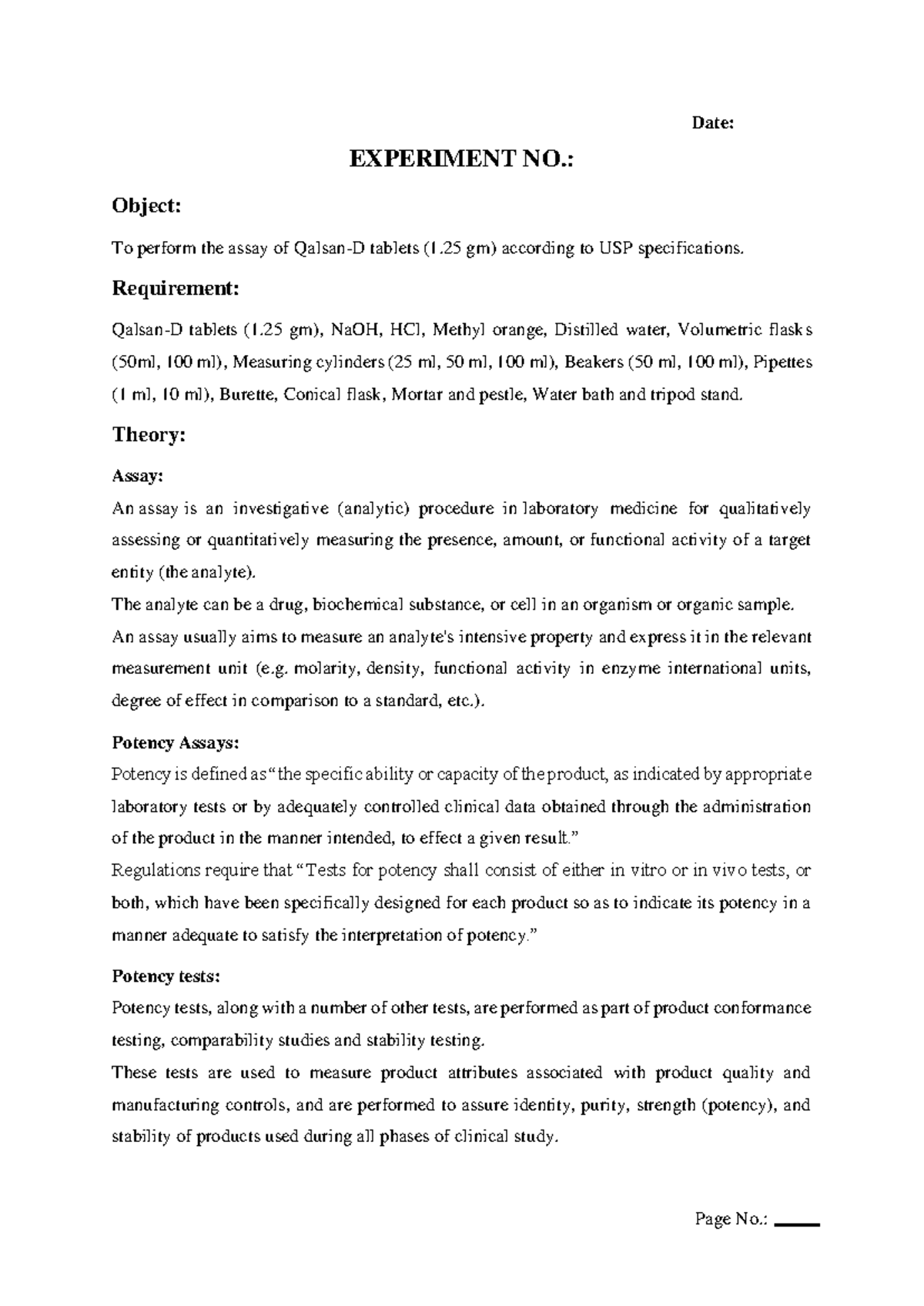 Title: EXPERIMENT NO.: Assay of Tablets (1.25 gm) - Qalsan D Tab ...