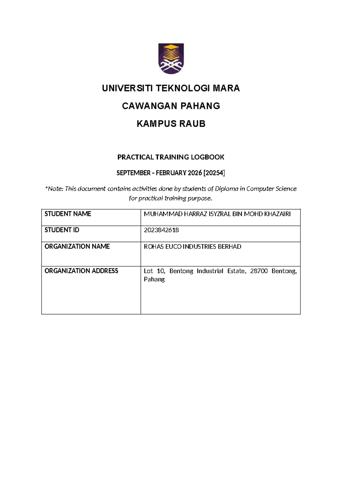Practical Training Logbook for Diploma in Computer Science [20254] - Studocu