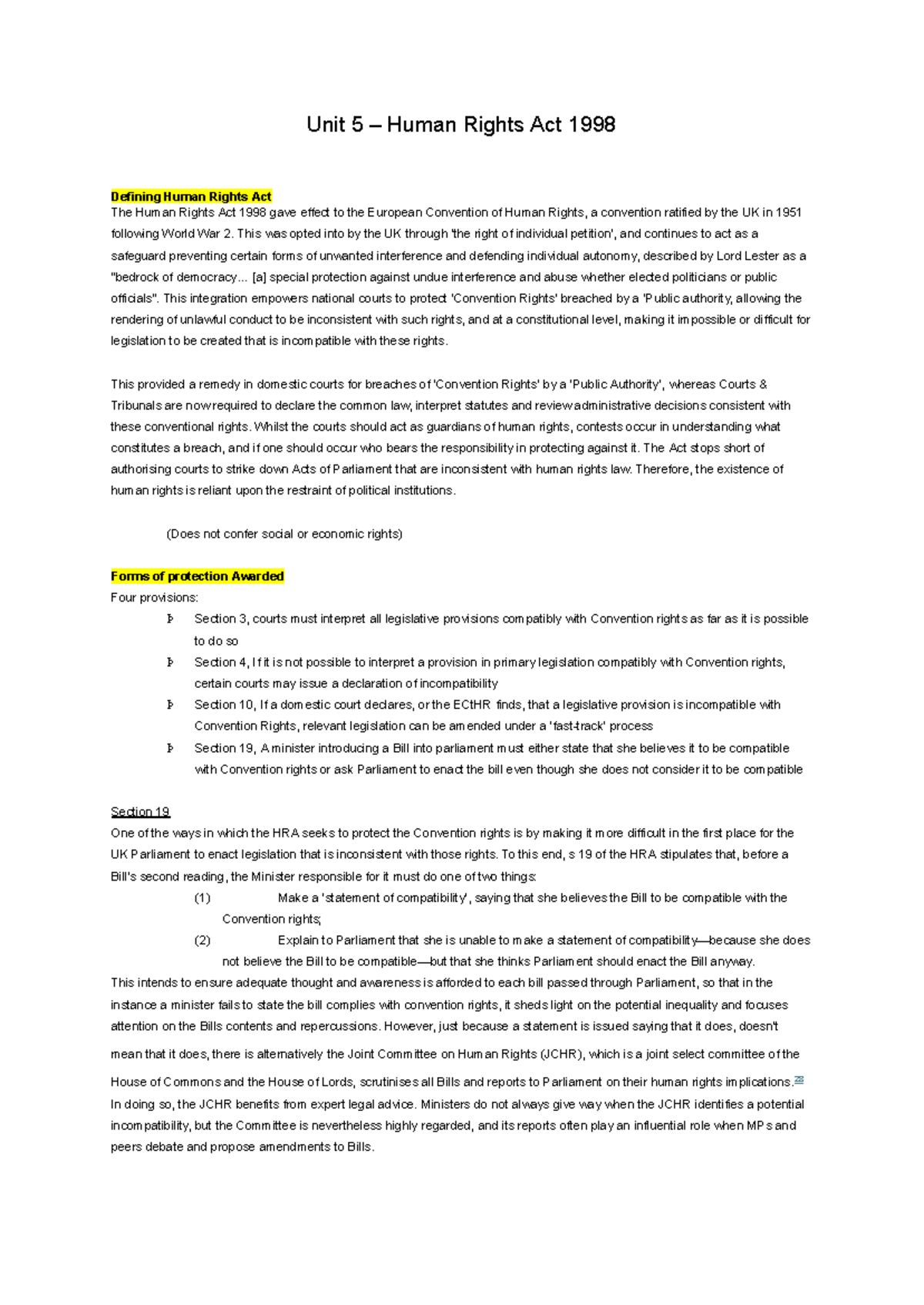 Unit 5 - In-depth Analysis of the Human Rights Act 1998 Sections 3 & 4 ...