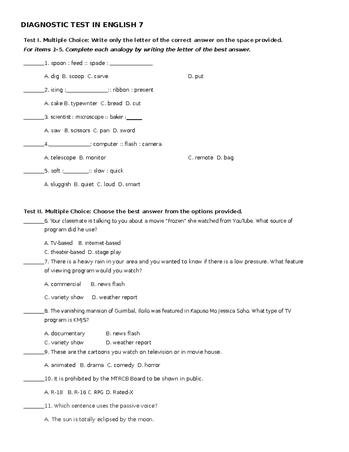 Diagnostic TEST IN English 7 - DIAGNOSTIC TEST IN ENGLISH 7 Test I ...