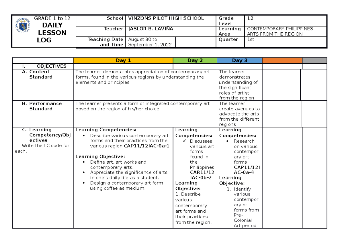 CPAR 12 Contemporary Arts Lesson Log (Aug-Sep 2022) Week 1 - Studocu