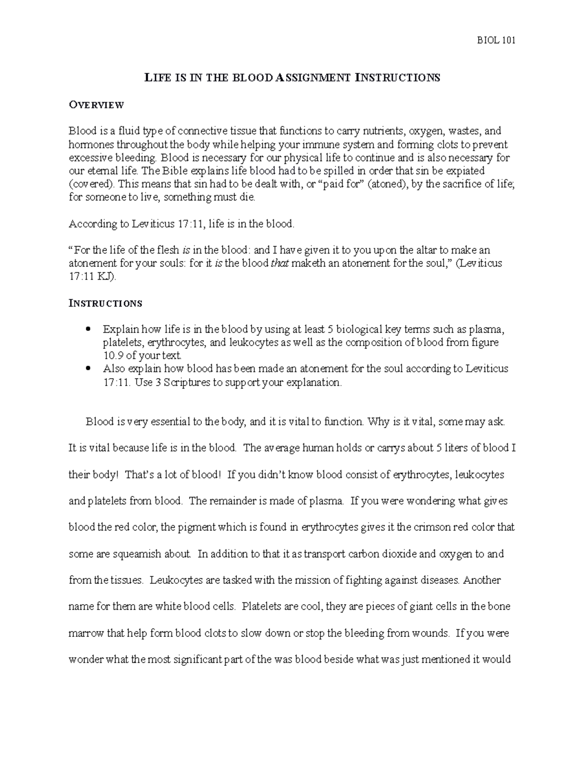 BIOL 101: Life is in the Blood Assignment Overview and Instructions ...