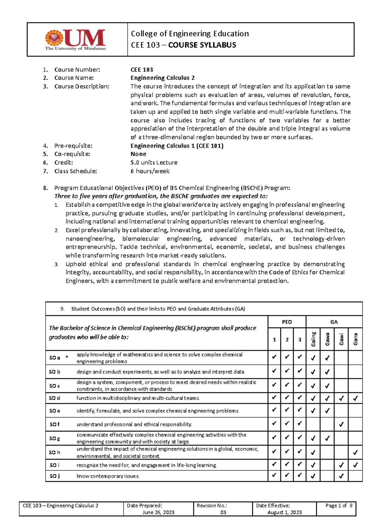 CEE 103 Engineering Calculus 2 Course Syllabus (Revised August 2023 ...
