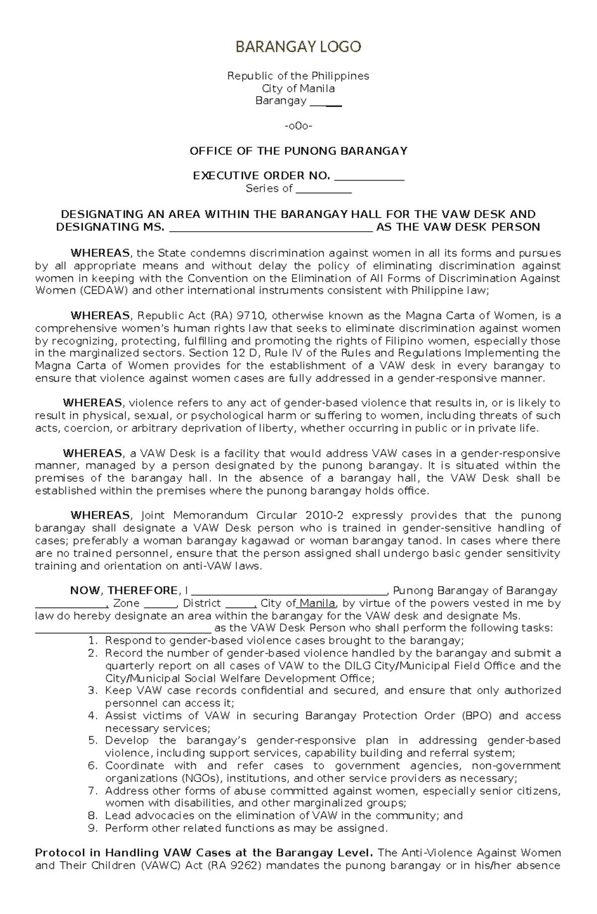 Revised EO for VAW Desk & Officer Designation in Barangay - Studocu