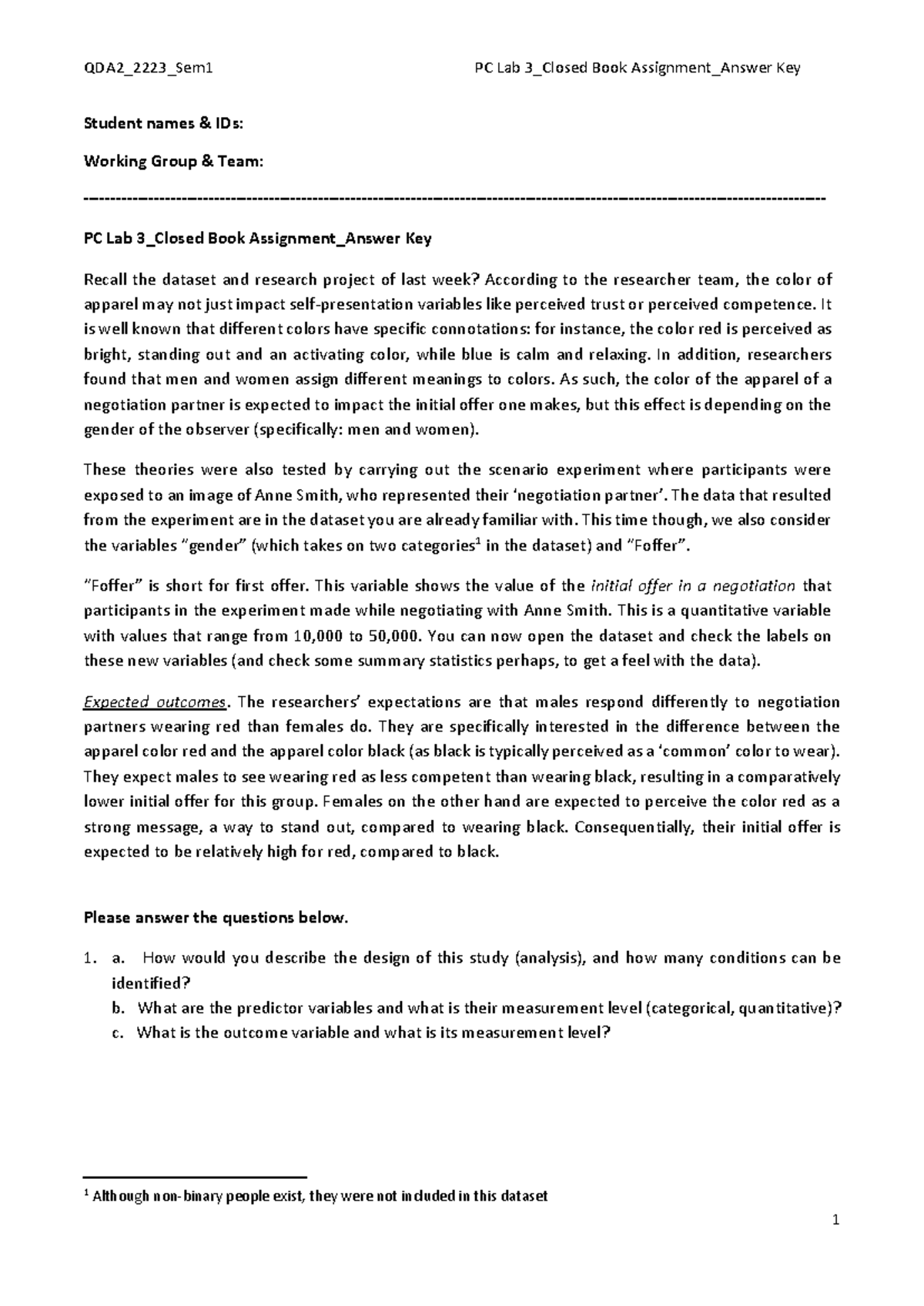 QDA 2 PC Lab 3 Closed Book Assignment Answer Key - Studeersnel