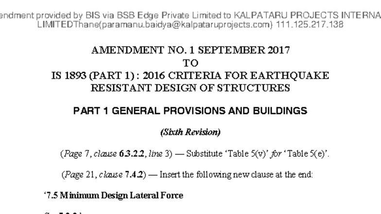 IS 1893 (Part 1) Amendment No. 1 - Earthquake Design Criteria - Studocu