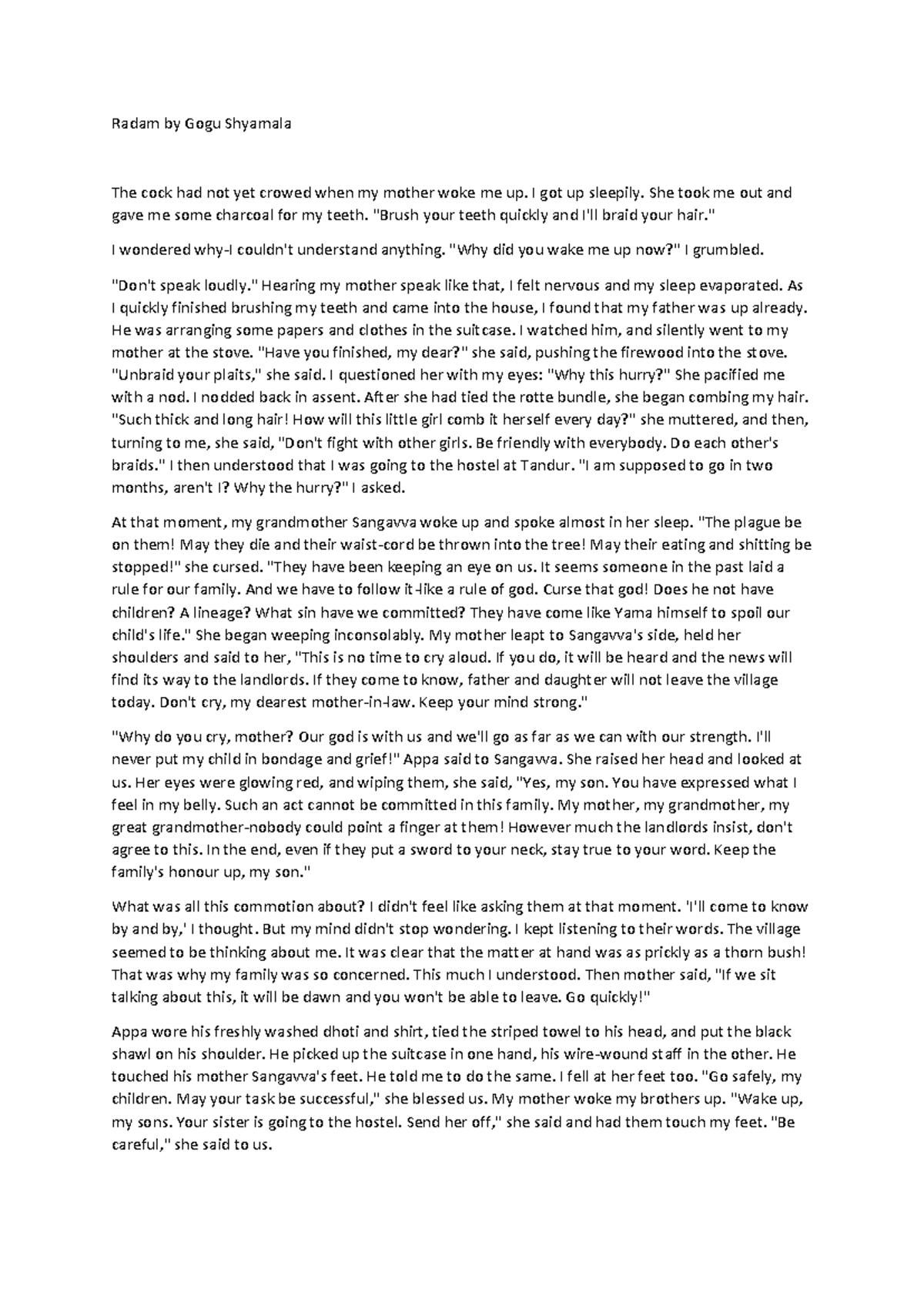 Radam - Summary of Cultural Insights from Gogu Shyamala's Story - Studocu