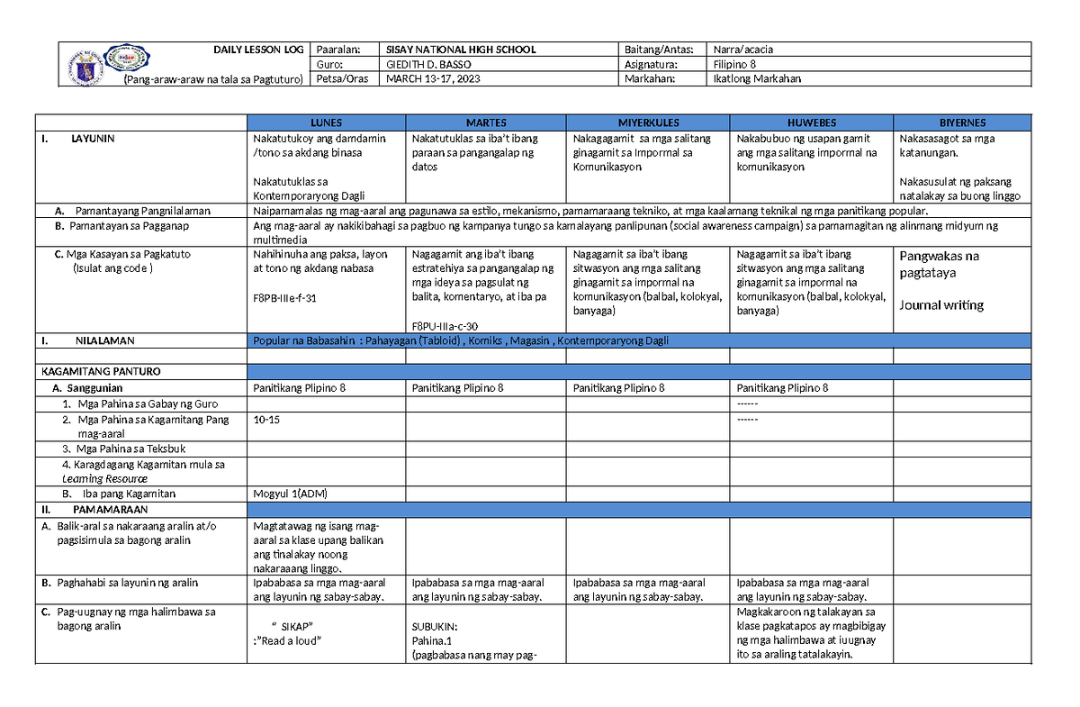 Daily Lesson LOG Filipino 8Nov-6-Nov-10 - DAILY LESSON LOG (Pang-araw ...