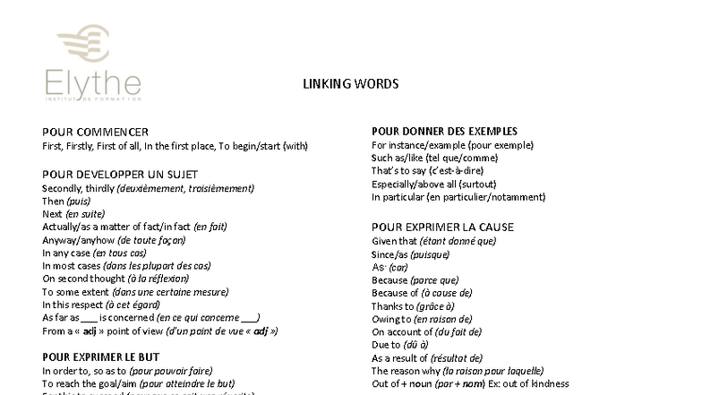 Fiche de Mots de Liaisons pour Dissertation - LINKING WORDS - Studocu