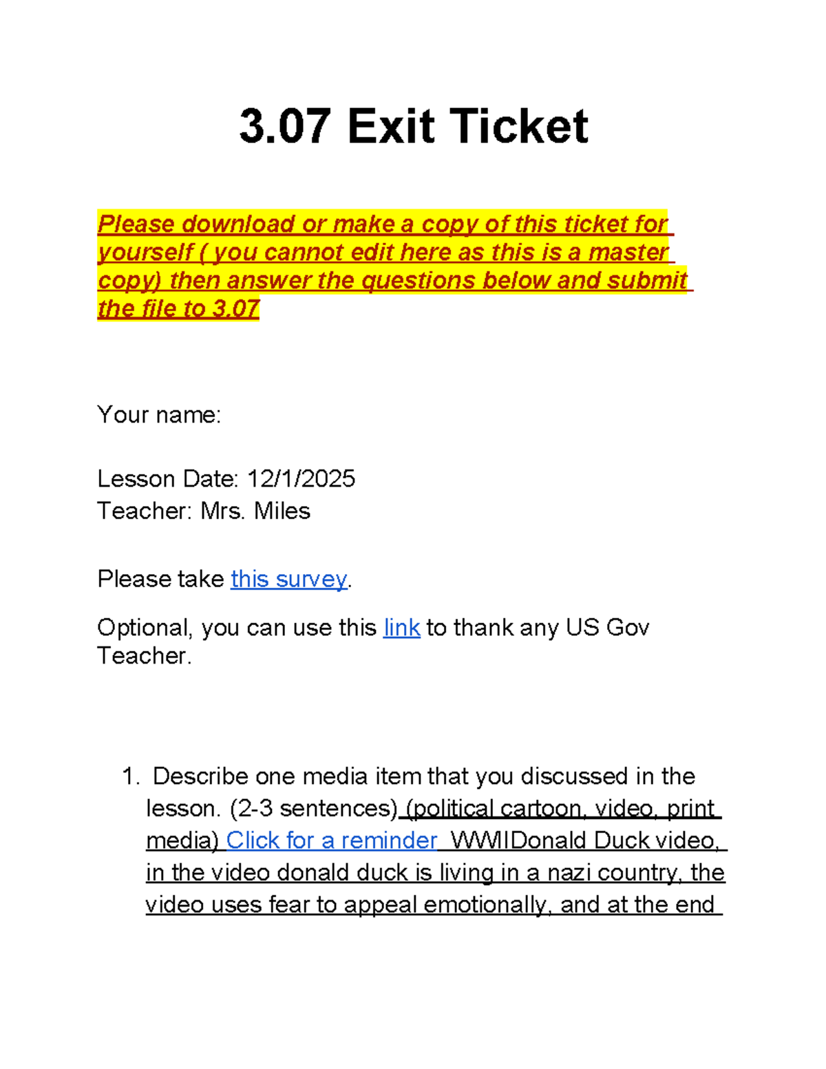 3.07 Exit Ticket: Media Discussion & Analysis - Mrs. Miles - Studocu