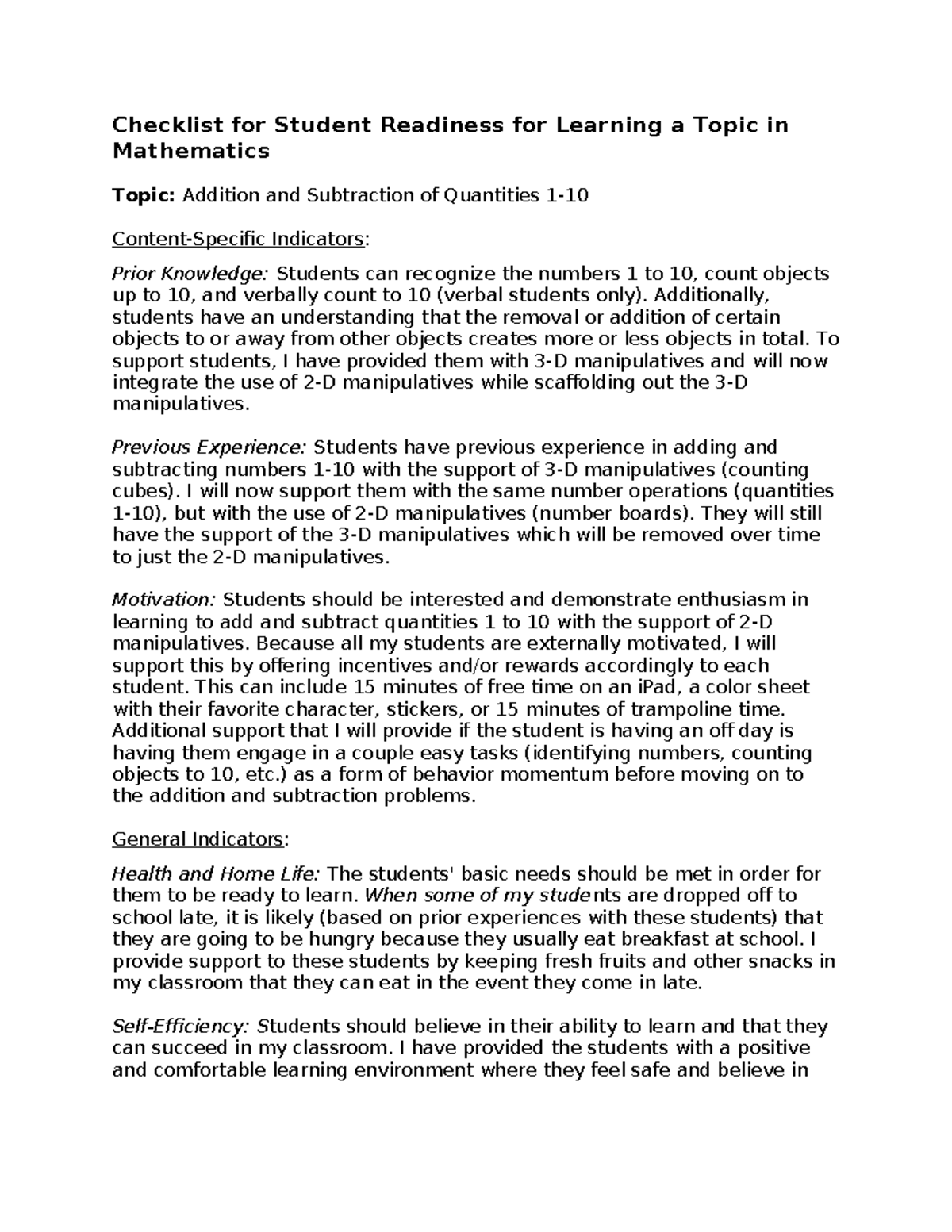Math 101: Learning Indicators for Addition & Subtraction Readiness ...