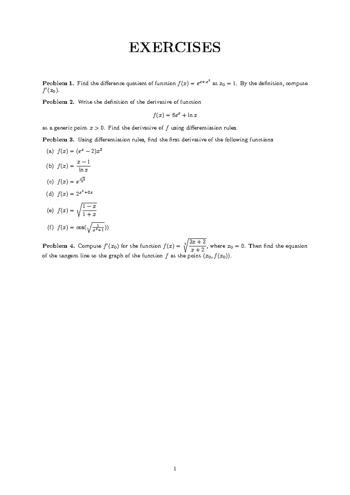 Calculus Exercises 2: Derivatives and Tangent Lines - Studocu