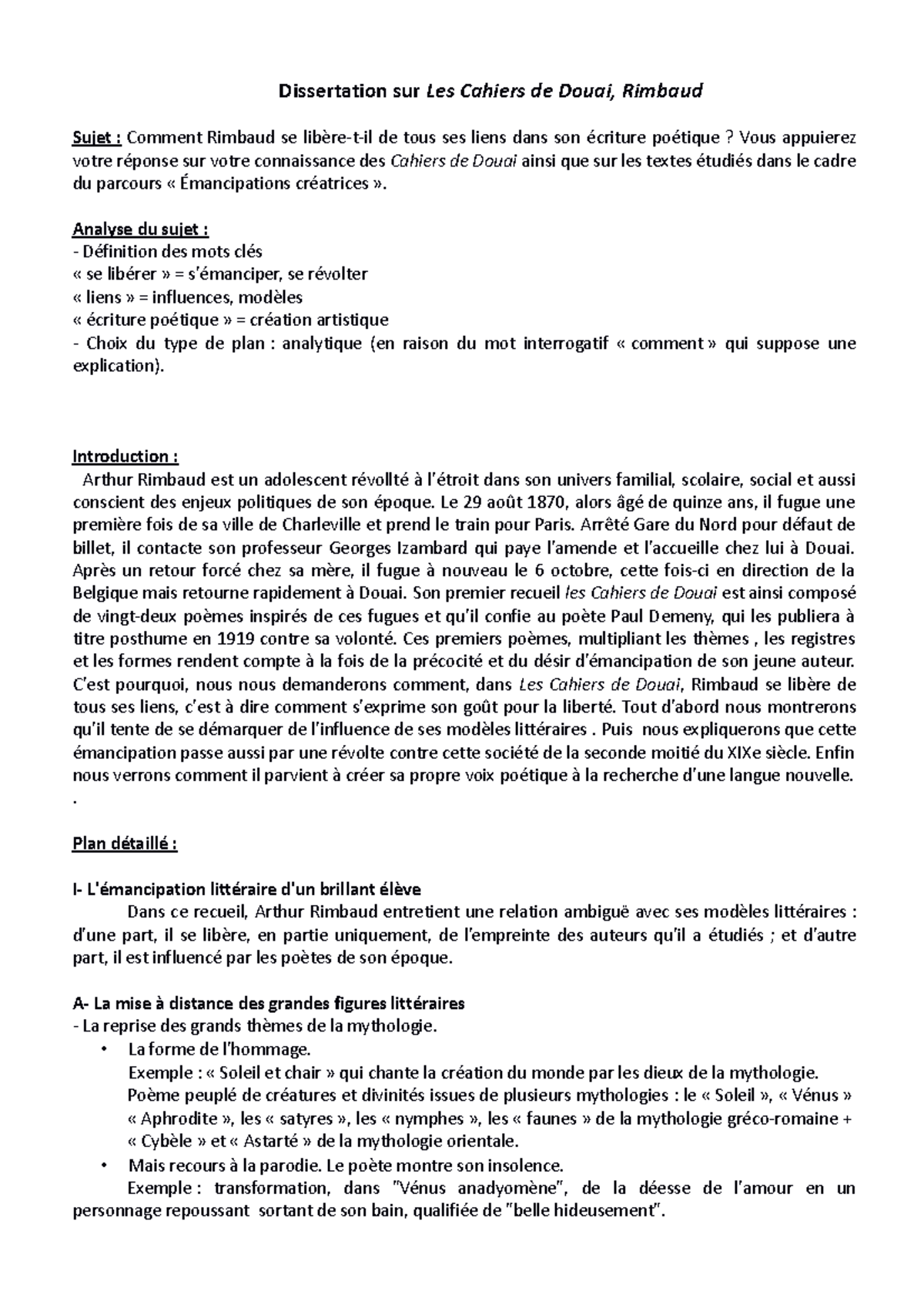 Dissertation sur Rimbaud et Les Cahiers de Douai: Émancipation Poétique ...