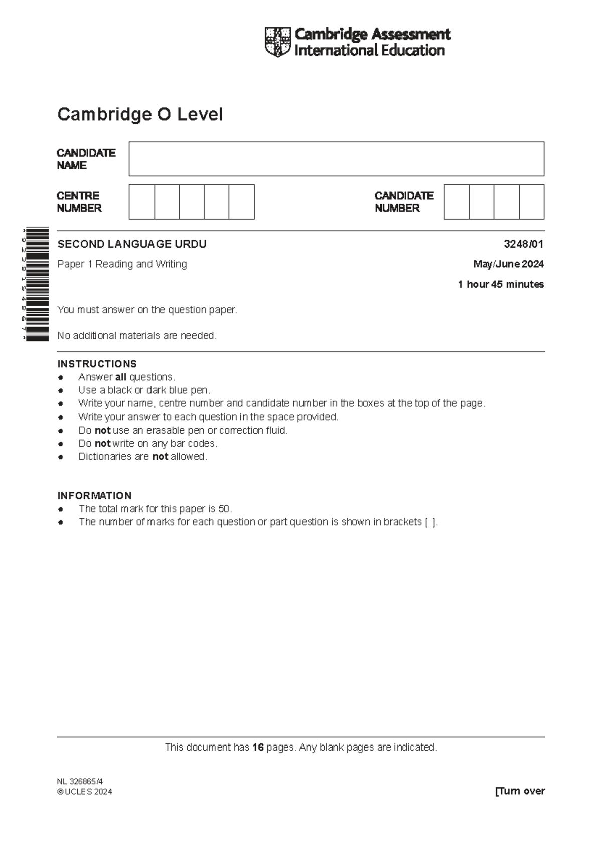Cambridge O Level 9238/514867 Second Language Urdu Paper 1 Exam 2024 ...