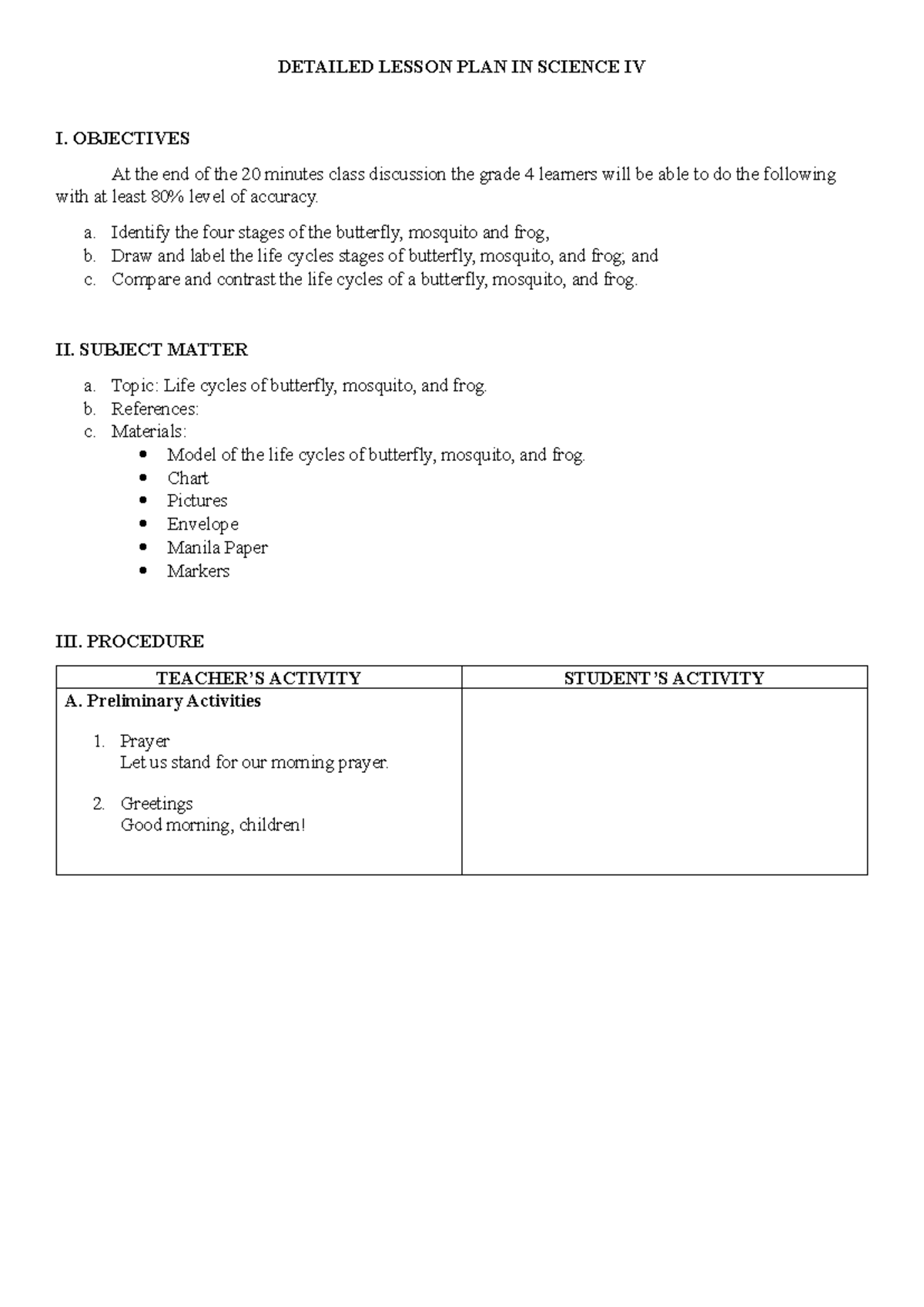 Detailed Lesson Plan: Life Cycles in Science IV - Studocu