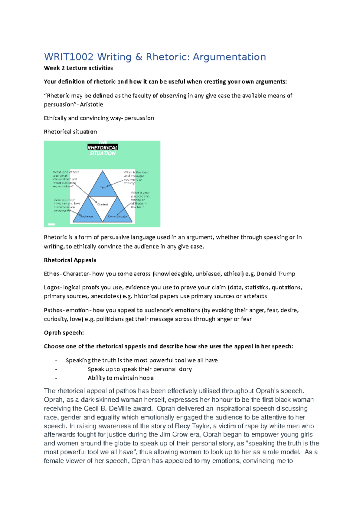 WRIT1002 Week 2 Lecture Notes: Rhetoric & Persuasion Techniques - Studocu