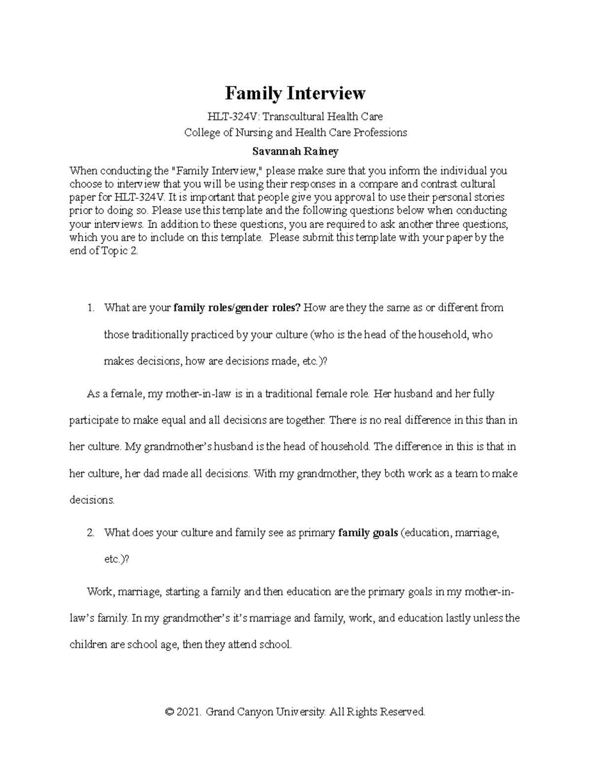 HLT-324V Family Interview Template for Cultural Paper Assignment - Studocu