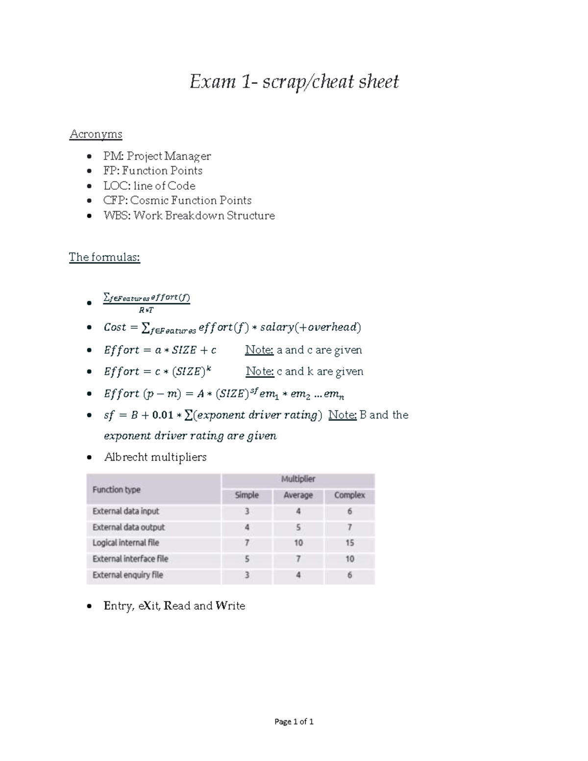 Exam1 cheat sheet - Page 1 of 1 Exam 1- scrap/cheat sheet Acronyms - PM ...