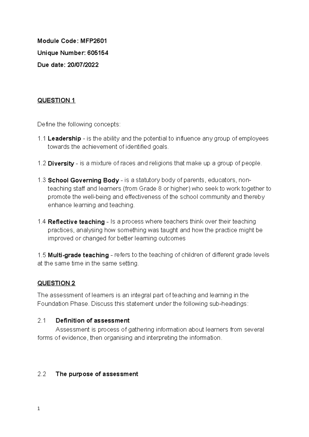 MFP2601 01- Assignment 2 - Module Code: MFP Unique Number: 605154 Due ...