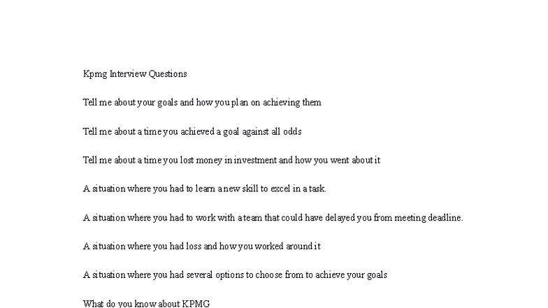 KPMG Interview Questions: Goals, Challenges, and Company Insights - Studocu