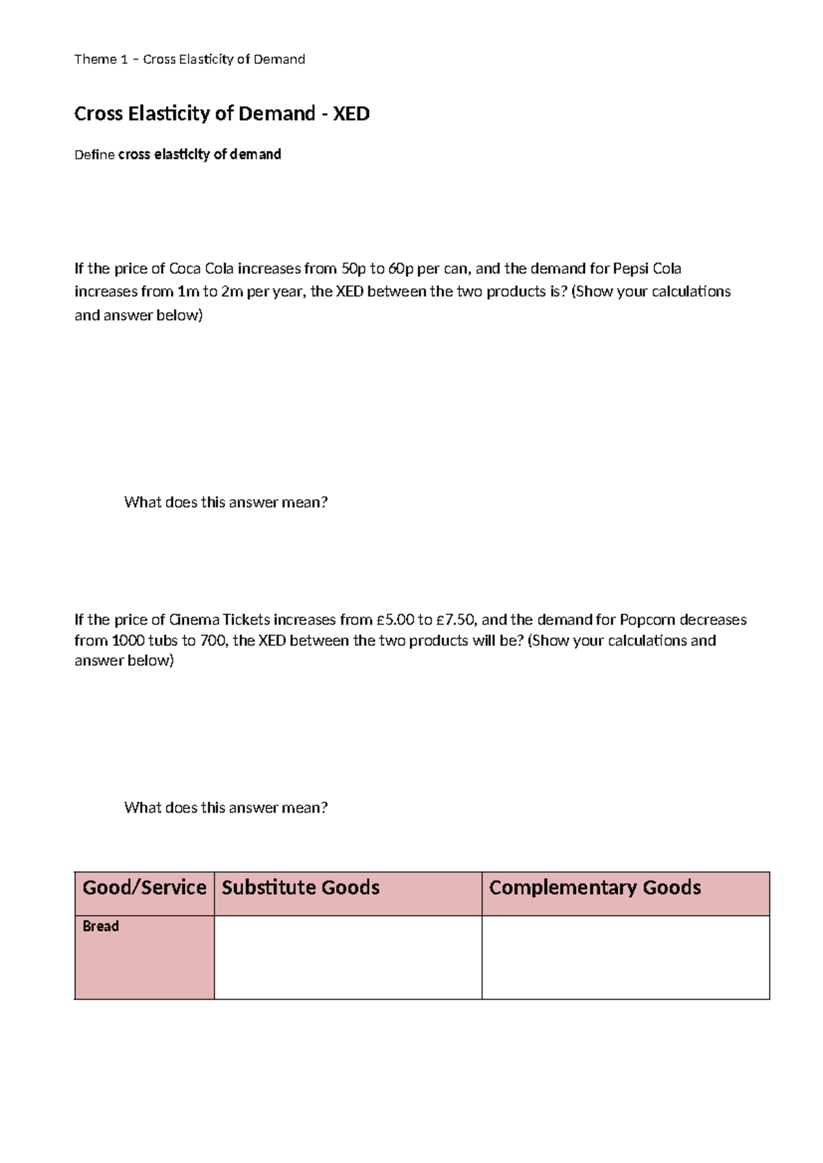 XED Worksheet 1: Exploring Cross Elasticity of Demand Calculations ...