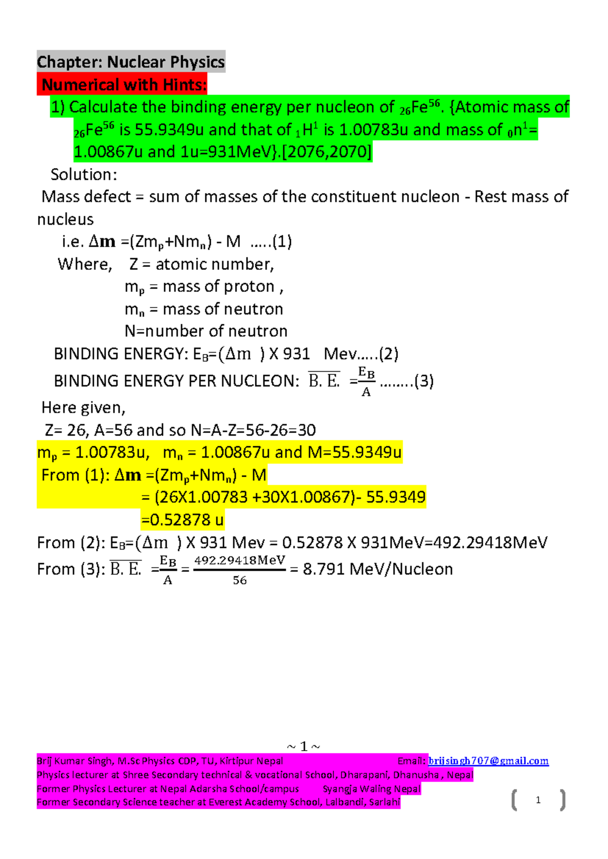 Nuclear Physics Numericals and Solutions (Course Code: 714075730) - Studocu