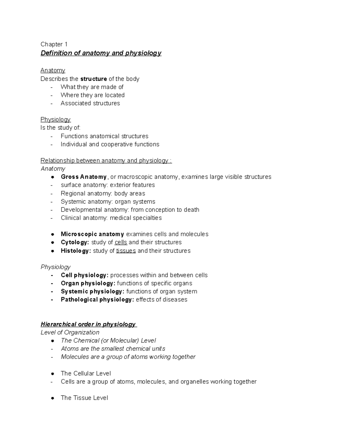 BIO 2401-01 Anatomy and Physiology chpt 1 and 2 - Chapter 1 Definition ...
