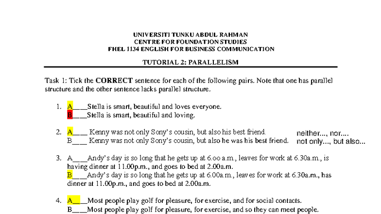FHEL 1134 English for Business Communication: Tutorial 2 on Parallelism ...