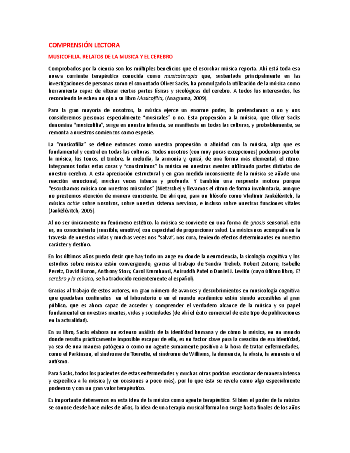 Comprensión Lectora: Musicofilia y su Impacto en la Identidad Humana ...