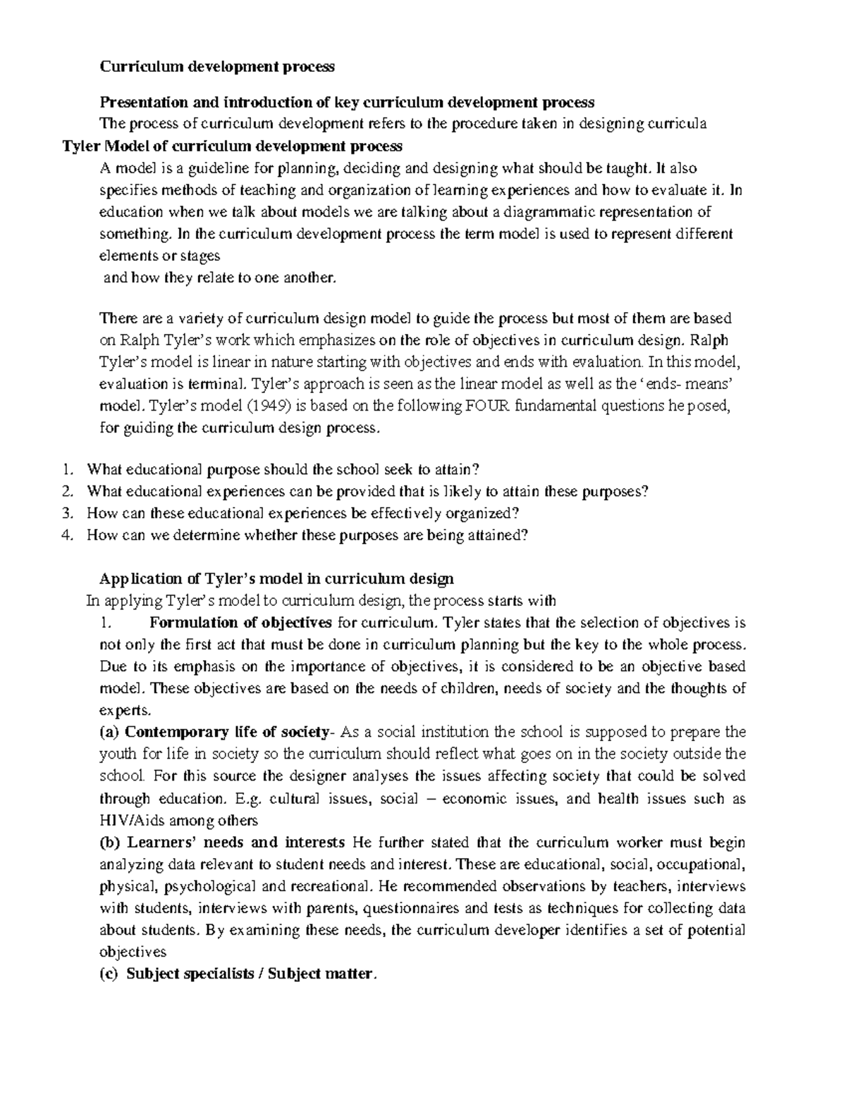 Tyler Model Curriculum development process 2 - Curriculum development ...