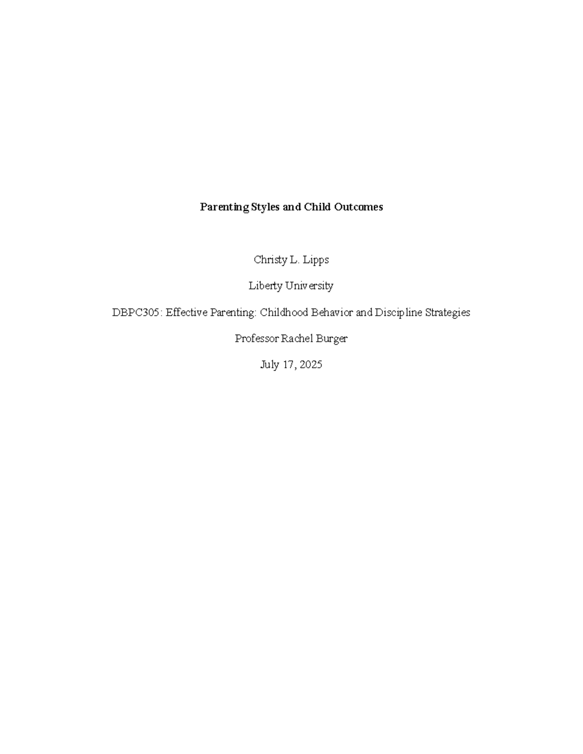 DBPC305: Parenting Styles and Child Outcomes Research Paper Outline ...