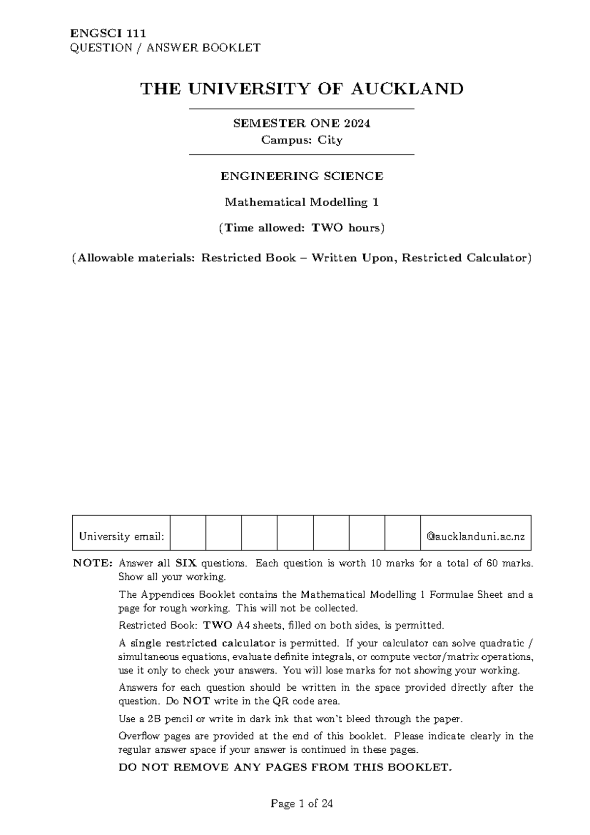 ENGSCI 111 Final Exam Question & Answer Booklet - Semester 1 2024 - Studocu